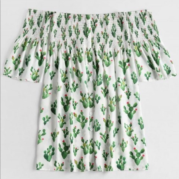 Dresses | Off Shoulder Smocked Cacti Print Dress White | Poshmark